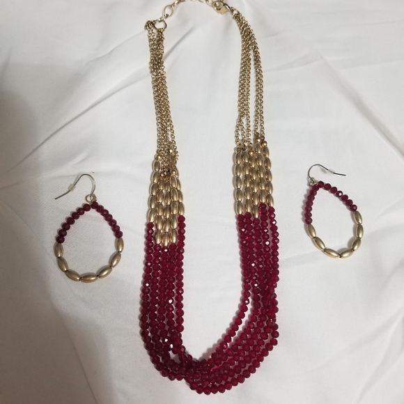 Jewelry | Red And Gold Necklace And Earrings | Poshmark